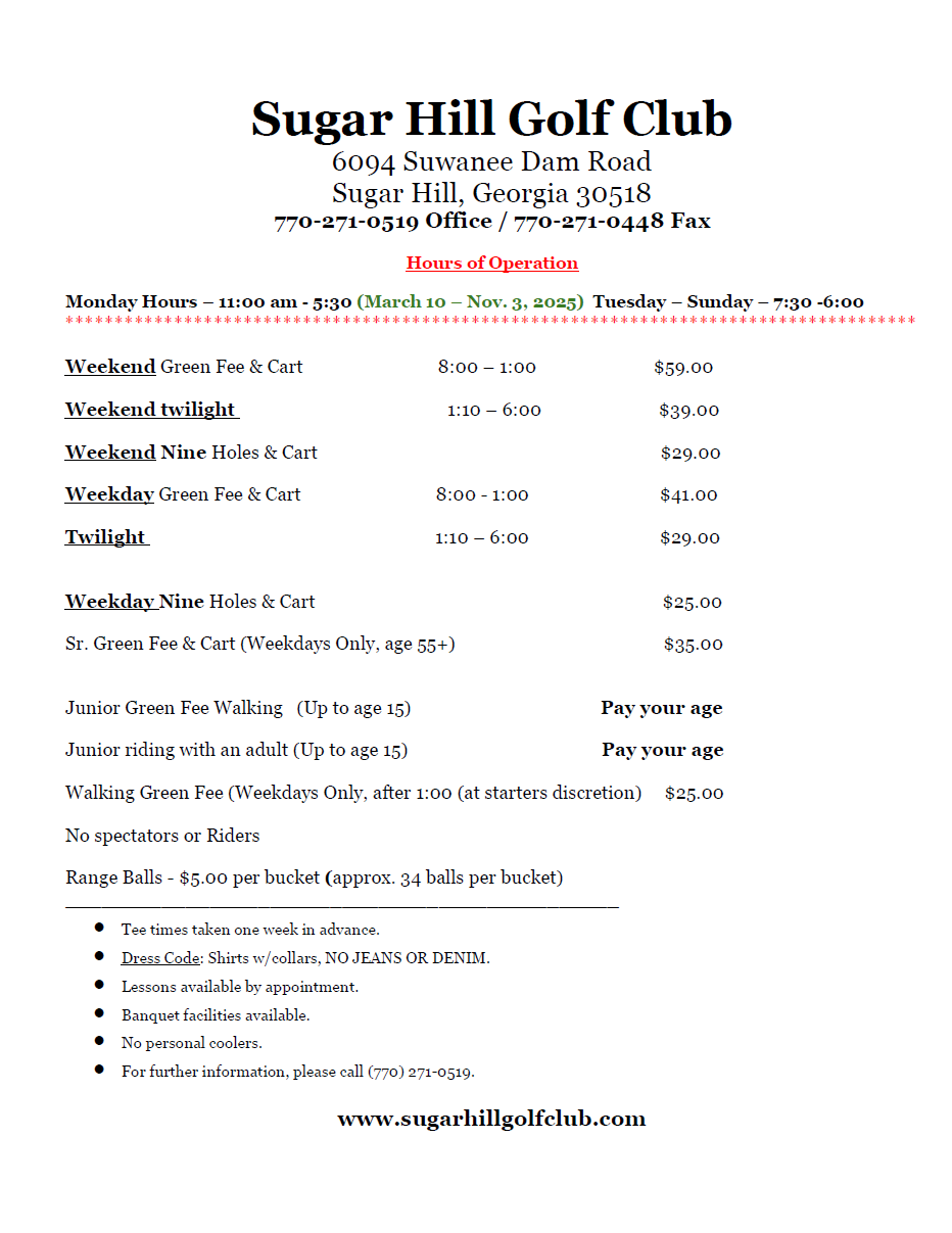 Rates & Green Fees - Sugar Hill Golf Club